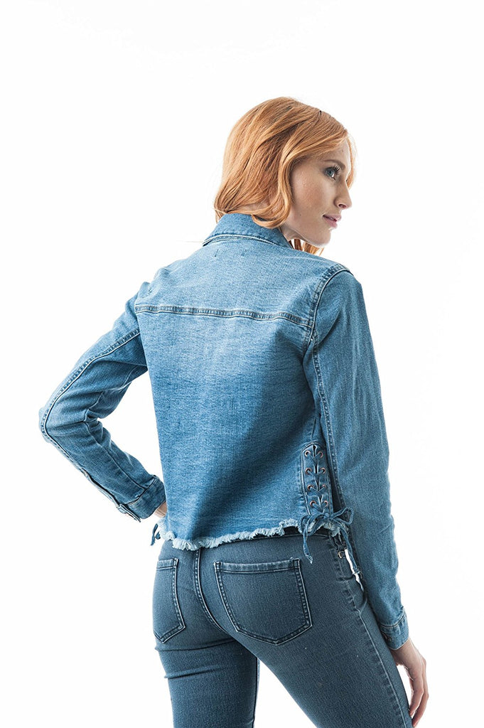 Denim Jean Fray Hemline Front Pockets Lace Up Side Jacket – Khanomak