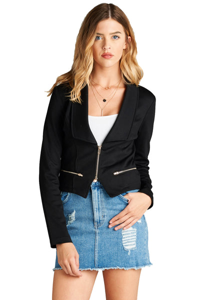 Long Sleeve Zip Up Front Deep V Basic Collar Blazer Jacket – Khanomak