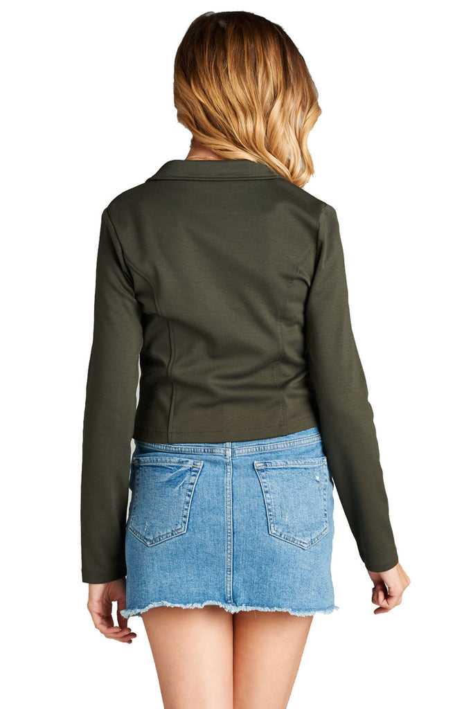 Long Sleeve Zip Up Front Deep V Basic Collar Blazer Jacket – Khanomak