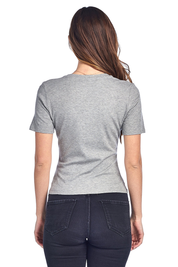 Short Sleeve Ribbed Front V Cutout Crew Neckline Semi Cropped Top ...